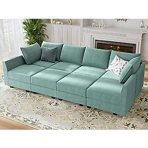 HONBAY Convertible Sleeper Sectional Sofa Modular Couch with Storage Seat Reversible Sectional Sleeper Couch with Modular Sectional Couch in Aqua Blue
