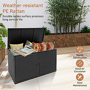 RELAX4LIFE PE Wicker Storage Box - Outdoor 88 Gallon 2-Tier Deck Box for Patio Furniture Toys Storage w/Lid & Front Doors, All Weather Rattan Storage Bin for Backyard Garden Poolside Porch (Black)