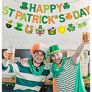 JKQ Glittery Happy St Patrick's Day Banner and Shamrock Rainbow Gold Coins Pot Horseshoe Leprechauns Patterns Banner Saint Patrick's Day Garland Banner Irish Lucky Day St. Patty's Day Party Decorations