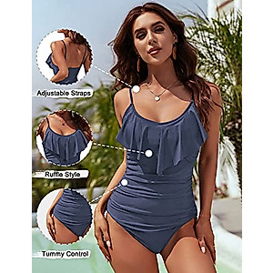 Blooming Jelly Womens One Piece Bathing Suit Tummy Control Swimwear Ruffled Vintage Swimsuits (X-Large, Dusty Blue)