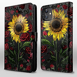 Shields Up iPhone 11 Case, [Detachable] Magnetic Wallet Case with Card Slots & Wrist Strap for Girls/Women, [Vegan Leather] Shockproof Cover for Apple iPhone 11 (6.1 inch) - Rose Flower/Sunflower