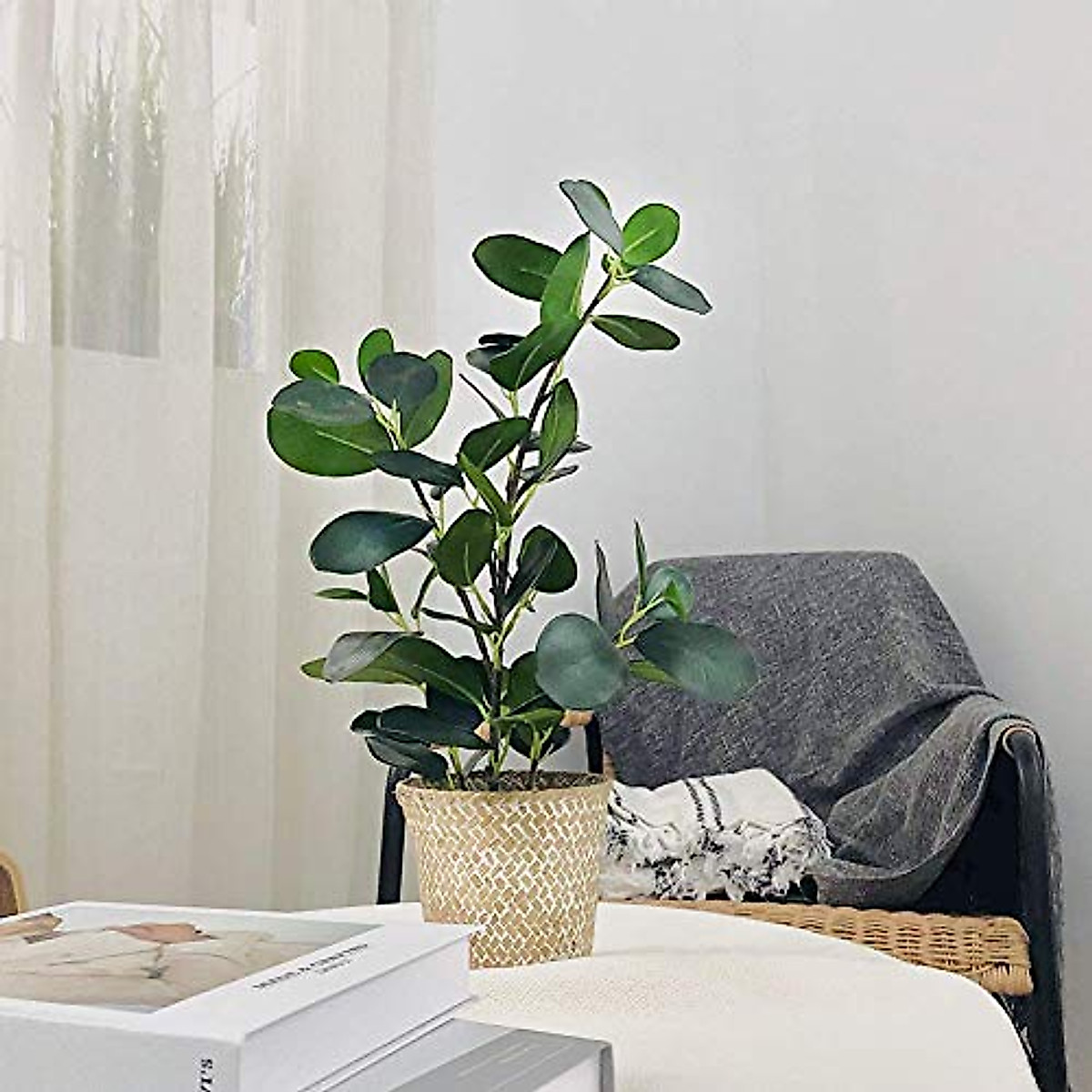 SAROSORA Artificial Ficus Tree Fake Plants in Weaved Pot 20" Height for Living Room Decor Indoor Home Office Ins Style (Green, 1)
