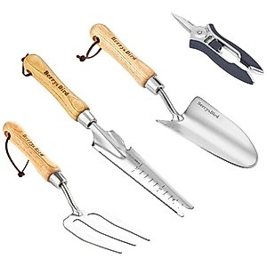 Berry&Bird Garden Tool Set, 4 PCS Stainless Steel Heavy Duty Gardening Tool Kit Includes Hand Trowel, 5 in 1 Shovel, Pruning Shears and Hand Fork with Ash Wood Handle for Weeding Transplanting Digging