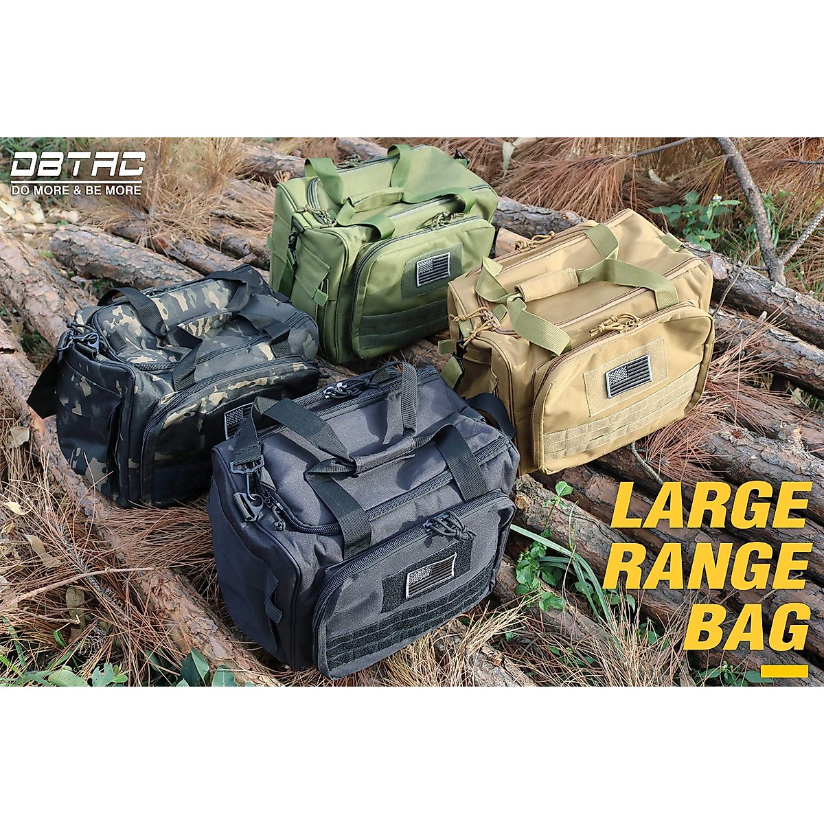 DBTAC Gun Range Bag Large | Tactical 4+ Pistol Shooting Range Duffle Bag for Handguns and Ammo with 2X Removable Hook & Loop Divider for DSLR | US Flag Patch + Universal Holster Included (Black Camo)