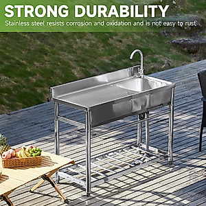 39.3'' Stainless Steel Utility Sink with Cold and Hot Water Pipes, Free Standing Sink with Workbench & Storage, Portable Laundry Sink for Indoor & Outdoor