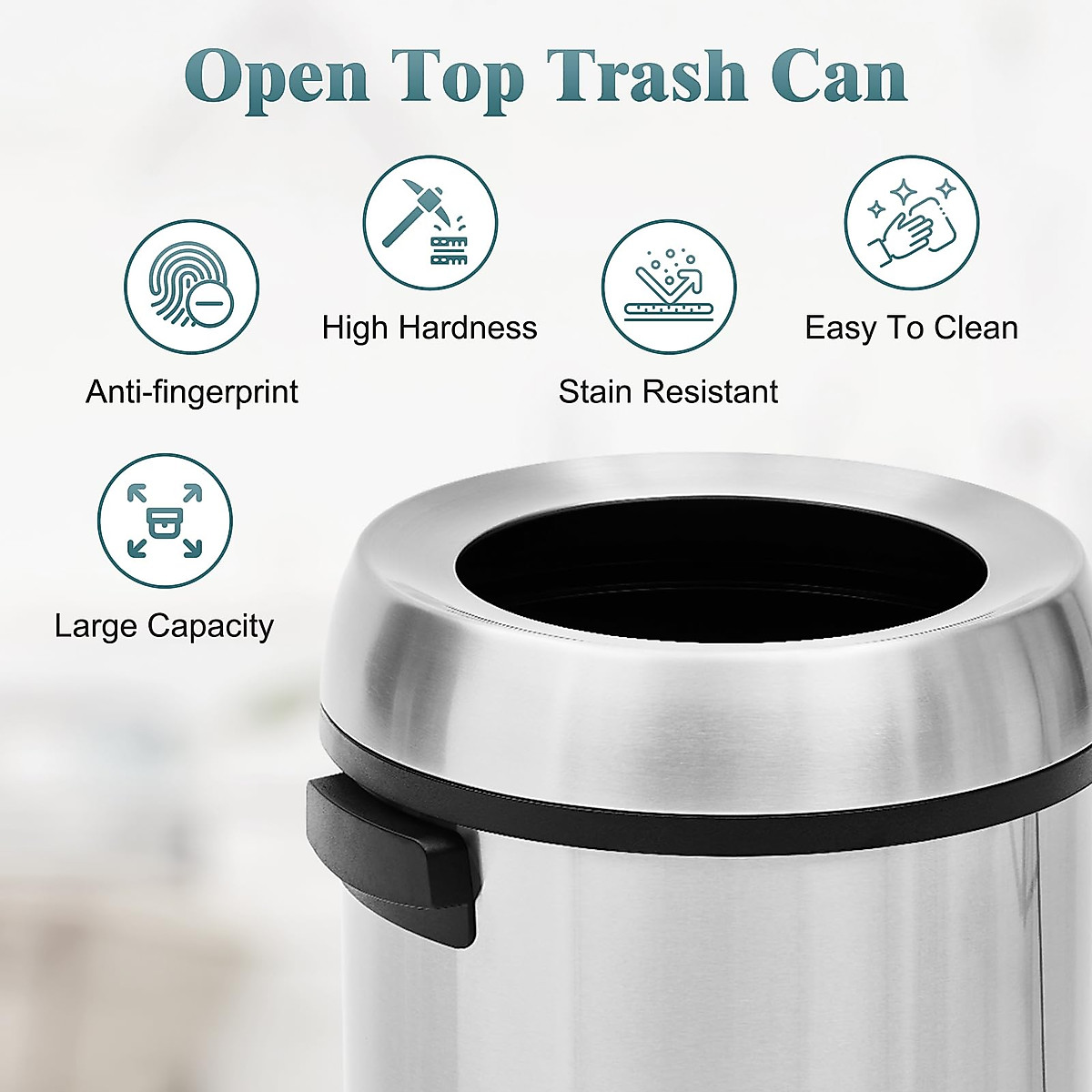 WELYFE 17 Gallon Open Top Trash Can, Round Stainless Steel Trash Can, Commercial Trash Can, 65 L(Open Top), Silver