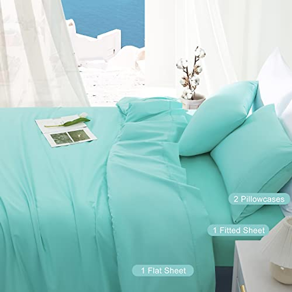LBRO2M 1000 Thread Count 100% Egyptian Cotton King Size Sheets Set,Breathable Wrinkle Bed Sheet 4 Piece Sets,16 Inches Deep Pocket,Soft Comforterble,Sateen Weave Long Stapl,Lake Green