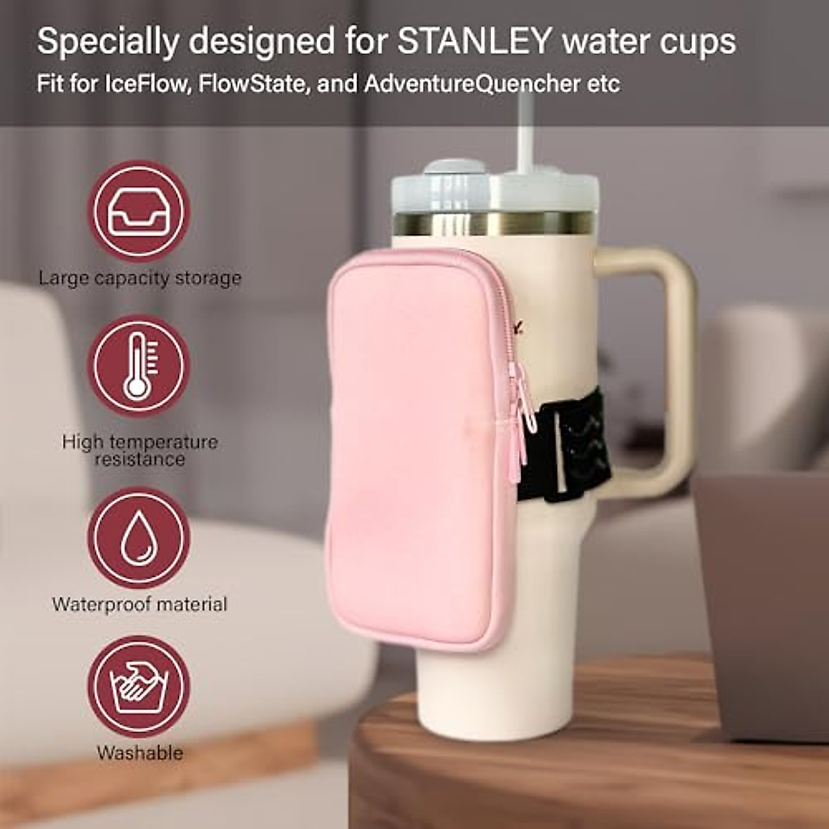 Water Bottle Pouch for Stanley, Water Bottle Accessories, Stanley Fanny Pack, Stanley Tumbler Accessories, Stanley Cup Pouch, Gym Accessories for Women, Stanley 40oz Accessories - Pink Dusk