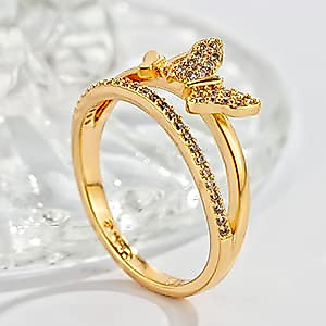 Esbbela Butterfly Ring for Women 14K Yellow Gold Plated Band Cubic Zirconia Braided Engagement Promise Statement Ring Jewelry Size 7