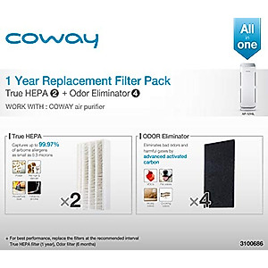 Coway AP-1216-FP Replacement Filter Pack for AP-1216L, Black & Airmega 400/400S Air Purifier Replacement Filter Set, Max 2 Green True HEPA and Active Carbon Filter, AP-2015-FP