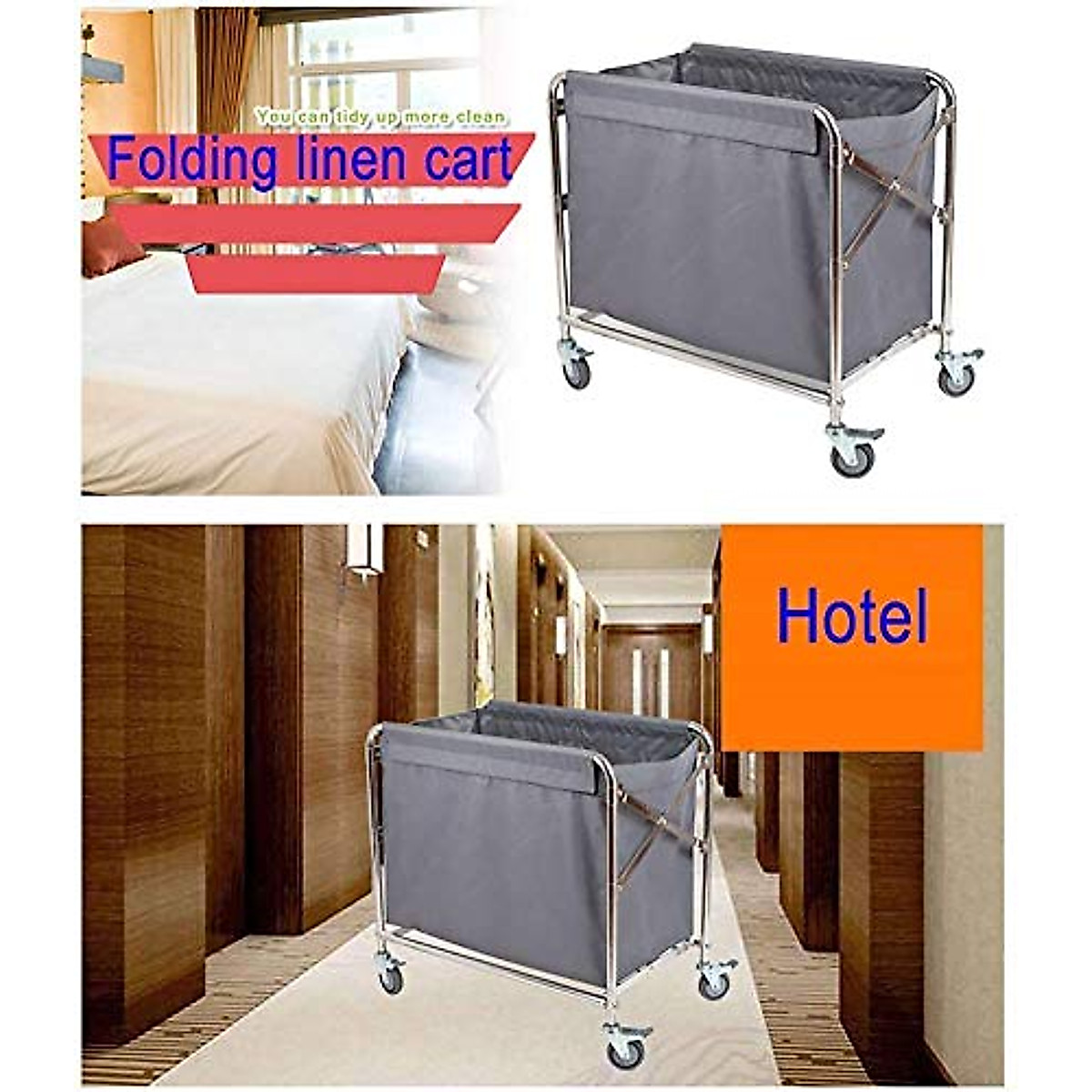 NEOCHY Trolleys,Hospital Trolley, Supplies Rack,Cart Tool Folding Linen Car with Universaler, 201 Stainless Steel Hotel Property Service Car, Oxcloth Room Hygiene Cleaning Car,Grey