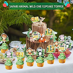 Weecent 48 PCS Wild One Cupcake Toppers Baby 1st Birthday Decorations Jungle Safari Theme Cake Toppers For Baby Boy Girls Safari Animal Party Supplies