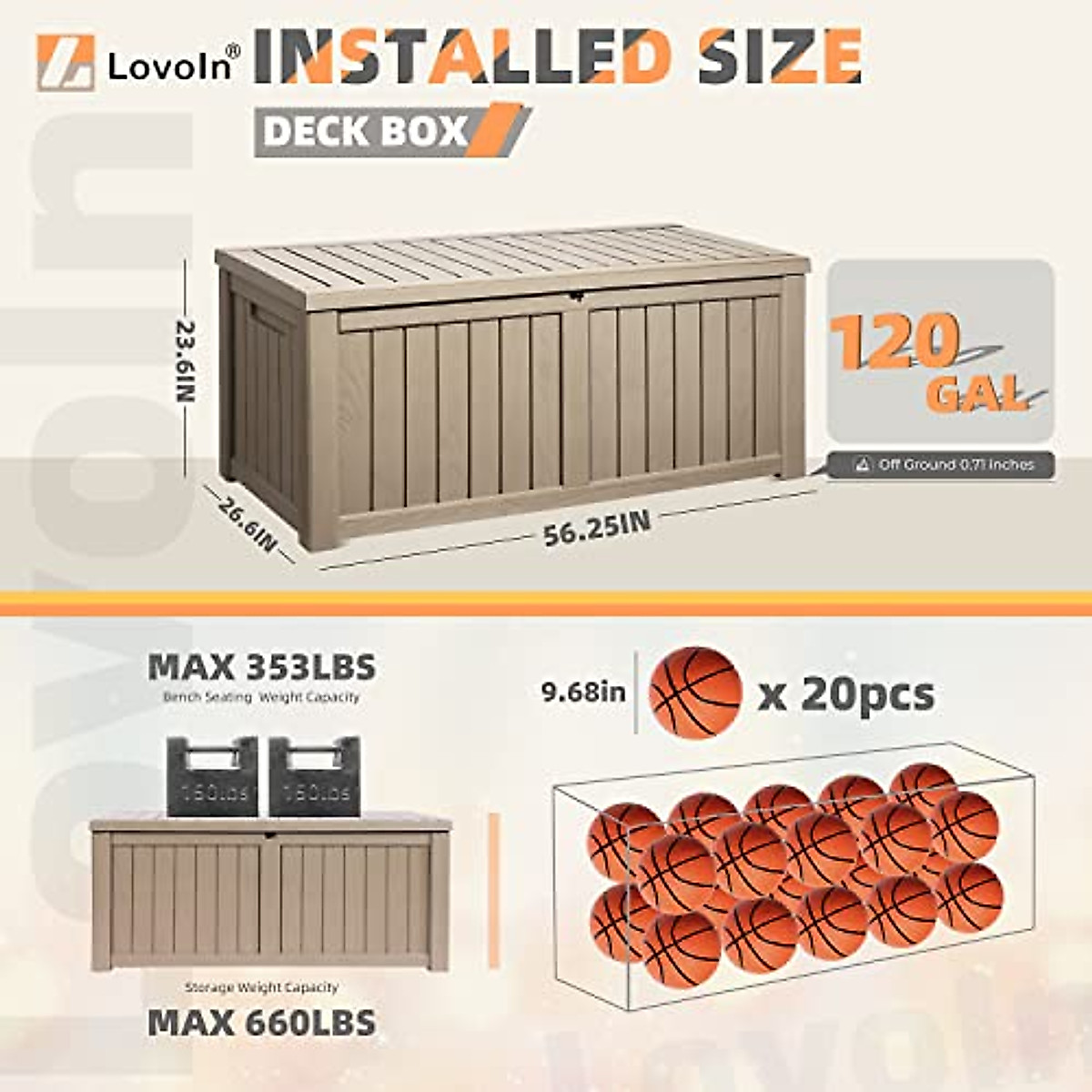 FRUITEAM 120 Gallon Outdoor Storage Box, Low Maintenance, Lockable Resin Deck Box for Patio Furniture Cushions, Pillows, Pool Noodles, Garden Tools