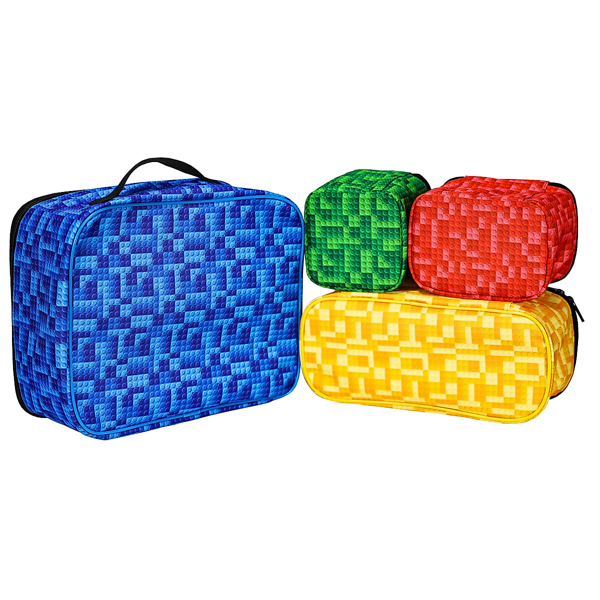 Remobia Hicol 4-piece Kids Toy Storage Organizer Set Bag for Lego Building Bricks with See Through Clear TPU Top, Small Toy Packing Cube Bags, Clean Up Container case (grid pattern)