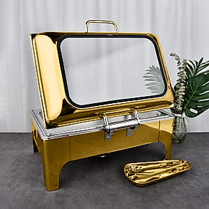 HONHPD Alcohol Chafing Dish, 9QT Rectangular Full Size Chafing Dish Buffet Set with Transparent Glass Lid Top, Soft-Close Lid, Chafer for Catering Buffet Servers and Warmers (Golden)