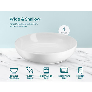 KooK Salad Bowl, Pasta Bowls, Soup, Serving Bowls, Ceramic, Large Capacity, Microwave & Dishwasher Safe, Set of 4, 40 Oz, (White)