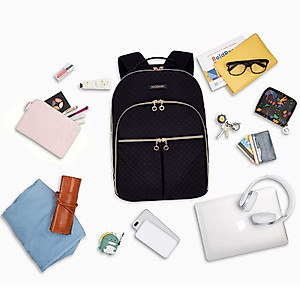 BASMART Travel Laptop Backpack, 15.6 Inch Womens Travel Backpack With USB Charging Hole, Water Resistant Anti Theft College School Backpacks, Large Black Computer Backpacks for Work, Black