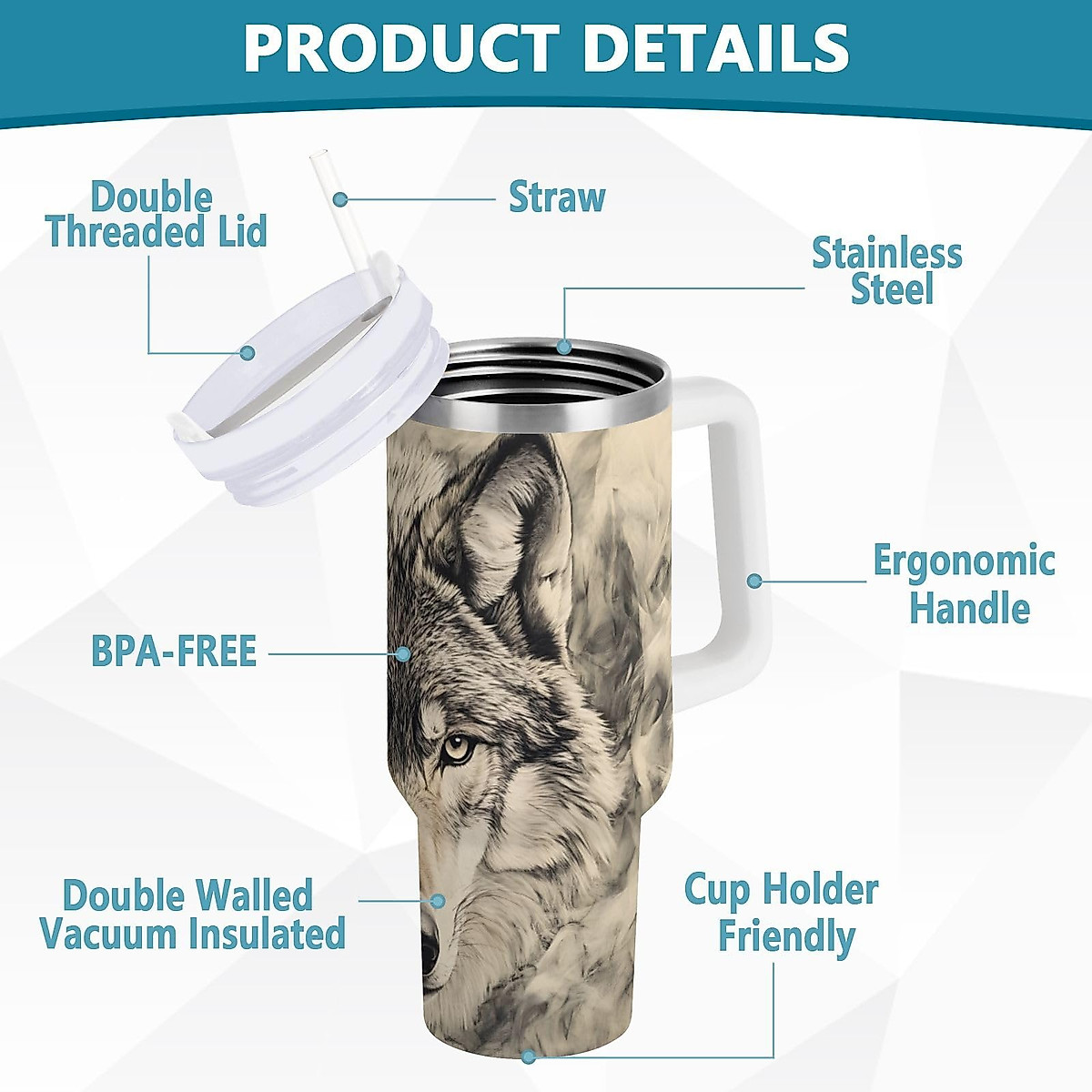 Jihqo Dangerous Wolf 40 oz Stainless Steel Vacuum Insulated Tumbler with Handle and Straw Lid, Leakproof Water Bottle Double Wall Travel Mug Coffee Cup, Cupholder Friendly
