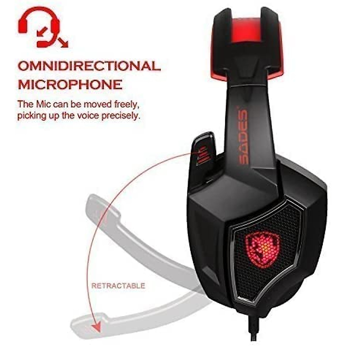 SADES 3.5mm Stereo Surround Sound Gaming Headset with Mic, Noise Cancelling & Led Light & Volume Control Over Ear Gamer Headphones, Red Headset for PC MAC Laptop Computer Games