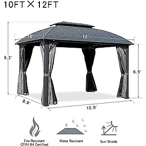 Domi 10'x12' Hardtop Gazebo Arc Canopy,Outdoor Aluminum Gazebo with Galvanized Steel Double Roof,Curtain and Netting,Permanent Gazebos Pavilion for Patio Deck,Backyard,Gray