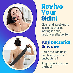 Silicone Back Scrubber for Shower- 36 Inches Back Body Brush Extra Long for Exfoliating & Massaging Hygienic Back Washer with Handle, Shower Silicone Back Scrubber for Men and Women, Black.