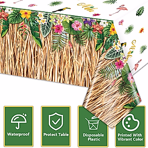 PIXHOTUL 4 Pack Hawaiian Luau Grass Tablecloths, Hawaii Luau Table Skirt Party Decorations, Tropical Palm Tablecover for Summer Beach BBQ Tropical Ahola Party Baby Shower, 86 x 51in