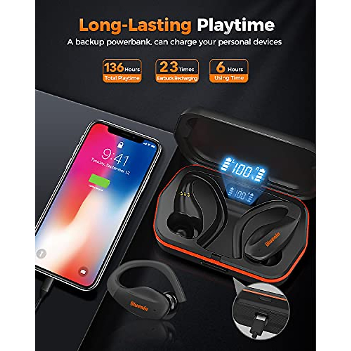 Bluetooth Earbuds Bluenin T30 True Wireless Stereo Earbuds Bluetooth Headphones with 2500mAh LED Display Charging Case, Fingerprint One Touch Control,Waterproof Sport Earbuds for Work Out (Black)