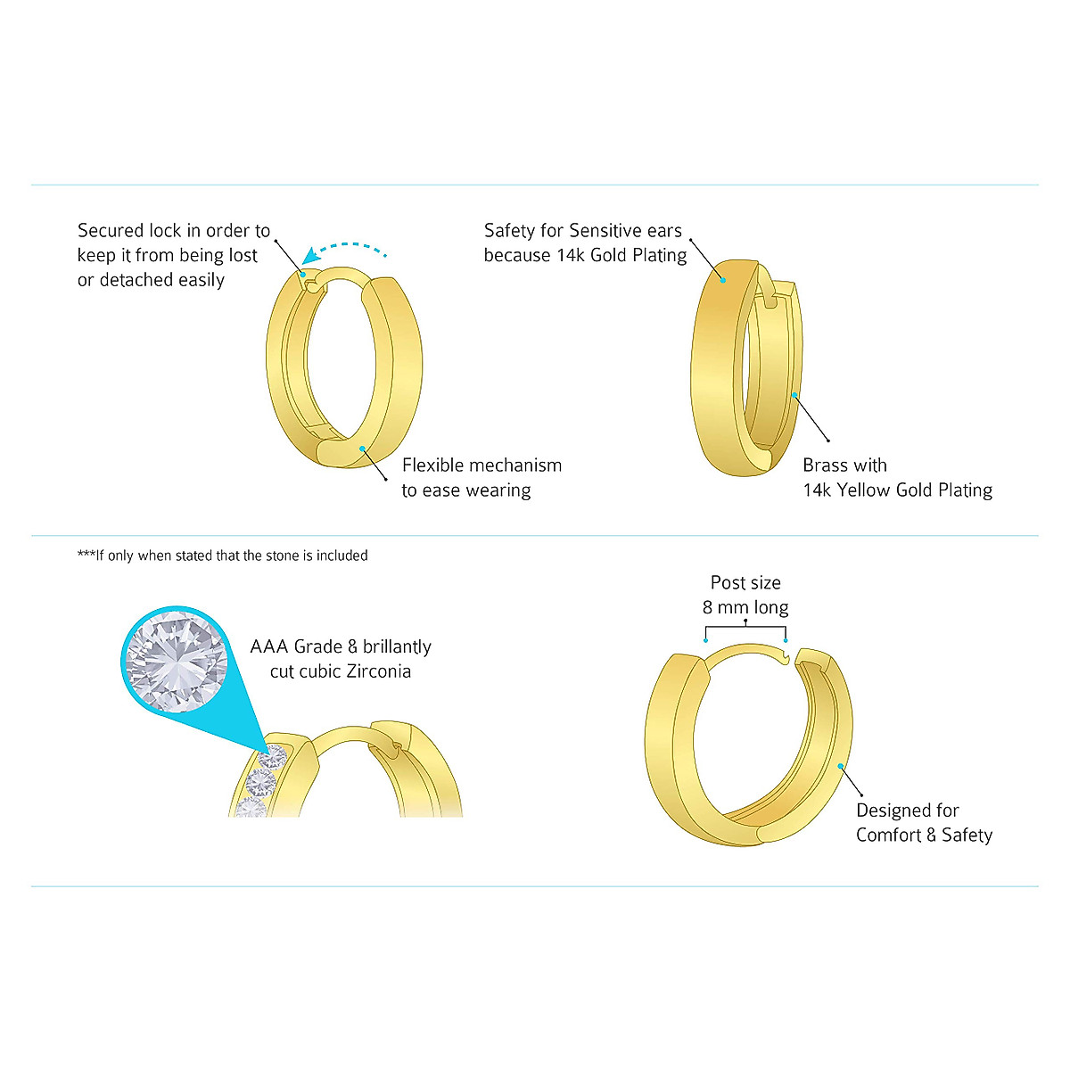 14k Gold Plated Brass White Heart Plain Huggy Baby Girls Hoop Earrings