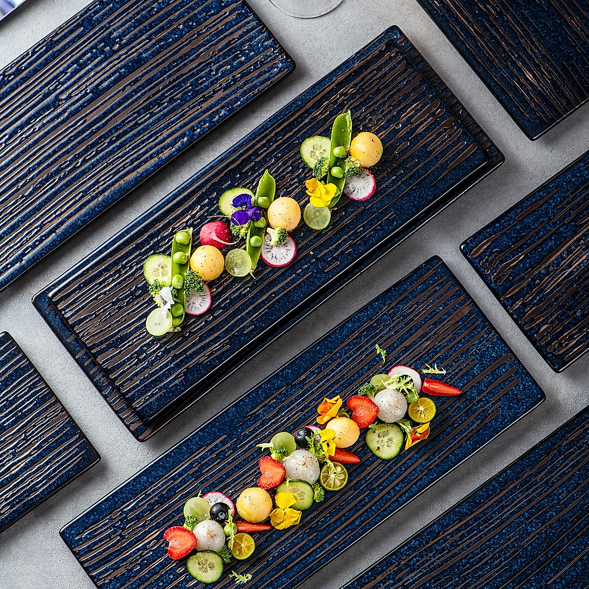 Uaral Serving Platter Ceramic Flat Tray-14 inch Large Serving Plate for Party,Sushi,Appetizer,Vegetable,Salad,Set of 2, (Midnight Blue)