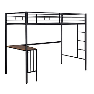 BOVZA Metal Loft Bed Twin Size with Desk, Ladder and Guardrails, for Kids Teens Adults, Black