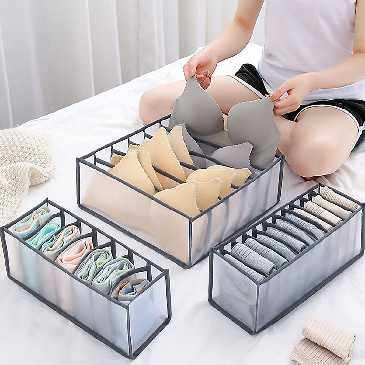 6Pcs Underwear Bra Draw Organizer Storage Box Foldable Drawer Closet Organizer Boxes Wardrobe Closet Storage Organizers for Underwear Bra Socks Underpants Panties and Ties(Grey, 6/7/11)