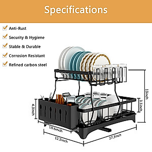 YQYHO 2-Tier Dish Drying Racks for Kitchen Counter with 360° Retractable Drainage System, Large-Capacity Collapsible Anti-Corrosion Dish Rack(Black)