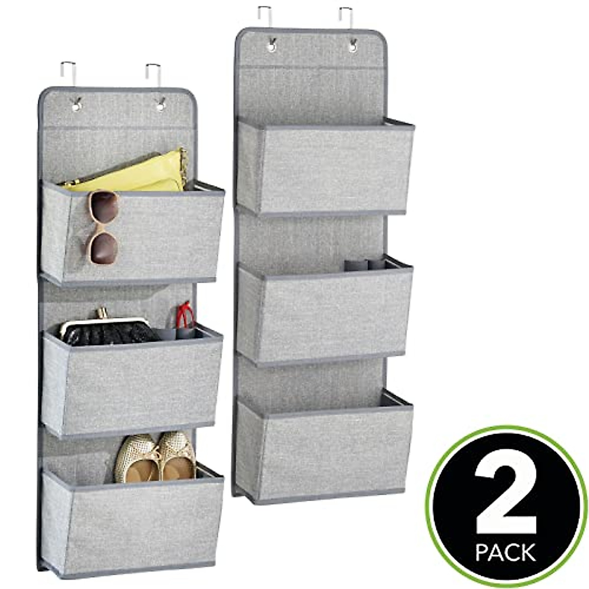 mDesign Fabric Hanging Organizers for Over the Door Storage In Bedroom/Hallway Closets, 3 Pocket Organizer Caddy, Hooks for Linens, Clothing, Accessories, Lido Collection, Textured Print, 2 Pack, Gray