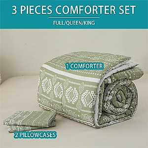 Boho Stripe Comforter Set King Size Bohemian Aztec Comforter Folkloric Art Bedding Set Girls Women Teens Green Comforter Set with 2 Pillow Cases Exotic Tribal Quilt Set for College Dorm Soft Duvet
