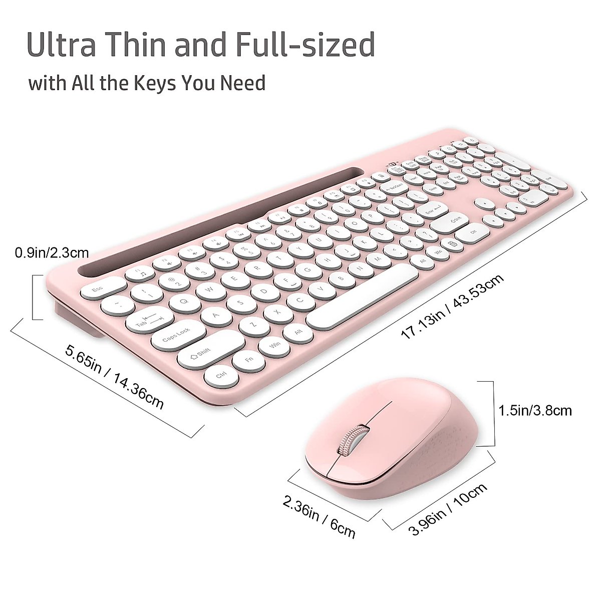 LeadsaiL Wireless Keyboard and Mouse Combo, Full-Sized Ergonomic Computer Keyboard with Phone Tablet Holder, 2.4GHz Silent Cordless Keyboard Mouse Set for Windows Laptop, PC, Desktop - Pink