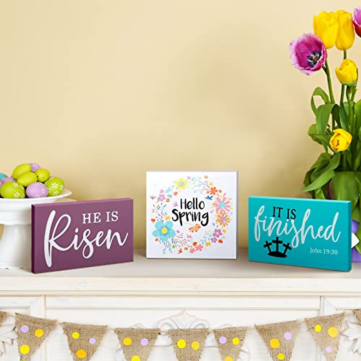 3 Pieces Easter He Is Risen Tiered Tray Decor Wood Table Sign Hello Spring Table Centerpiece Standing Decor It Is Finished Wood Tiered Tray Decoration for Easter Party Farmhouse Home Table Decor