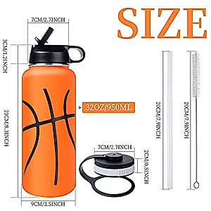 LaiChary 32oz Wide Mouth Basketball Water Bottle with Two Lids(Straw, Handle Lid), 18/8 Stainless Steel Vacuum Insulated for Travel & Sport Cup. (Basketball Brown, 32oz)