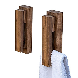 Wood Towel Hooks -Set of 2 Self Adhesive Vintage Towel Holder Wooden Wall Mounted Towel Racks for Bathroom and Kitchen Home Decor- Quick Drying, Reduce Bacterial Growth, Firmly Holds Towel(Walnut)
