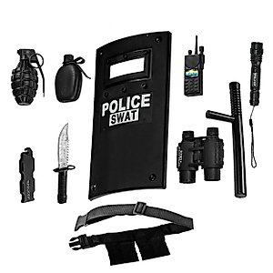 Dress Up America Police Officer SWAT Role Play Set for Kids - Police Accessory Set - Police Pretend Play Accessory Set Includes Plastic Baton and Binoculars Shield, Adjustable Belt, Flashlight & More