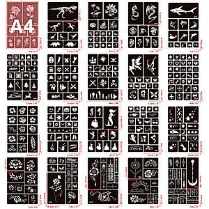 Sixberry 20 Sheets Temporary Tattoos Stencils for Kids, Glitter Henna Face Body Paint Stencil Kit, Girls Flowers Mermaid Boys Dragon Airbrush Art Tattoo for Birthday Halloween Christmas Party Favors