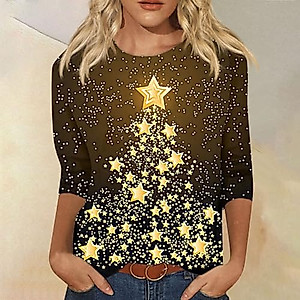 Christmas Womens Blouses Lined Pocket Christmas Basic Tops Crew Neck Tie Dye Christmas Women Tunic Tops Stretch Women's Flannel Shirts 04 Gold 3XL