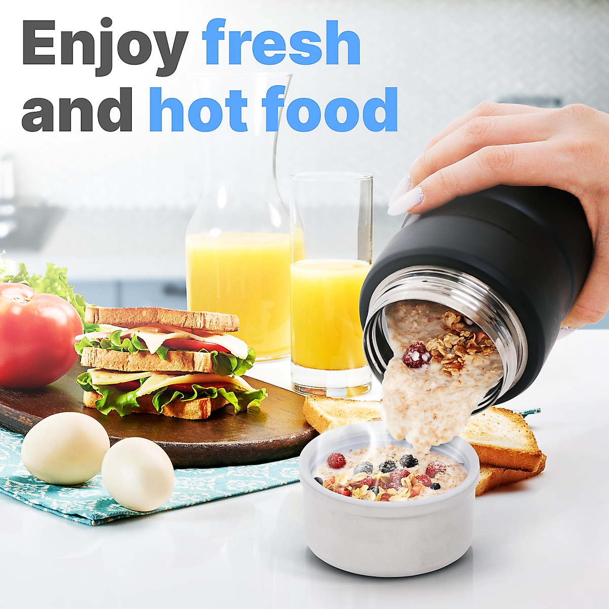 Earth&ME Stainless Steel Thermo For Hot Food 17OZ with Folding Spoon, Vacuum Insulated Food Container, Soup Thermo with Wide Mouth, Insulated Food Jar for Hot & Cold Food, Matte Black