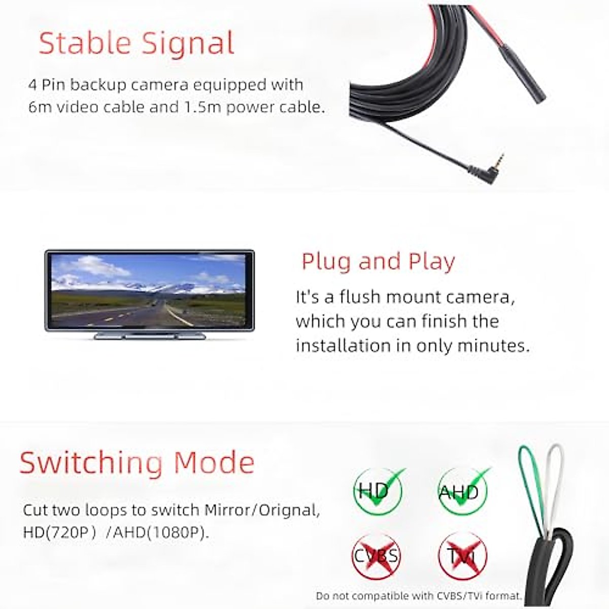 Epronic 4 Pin Backup Camera for Mirror Dash Cam and Carplay Screen Only Support AHD1080P and 720P, 4 Pin to 2.5mm Jack Vehicle Backup Camera Dash Cam Front/Rear View Camera 23 Ft Male Plug
