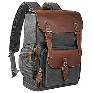 Endurax Leather Camera Backpack for Photographers, DSLR Backpack Bag with Laptop Compartment & Tripod Holder, Waterproof Canvas