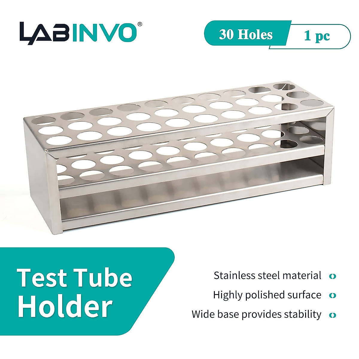 LABINVO 30Holes(3×10) Tube Rack, Suitable for Tubes of Dia.≤18mm,Stainless Steel Test Tube Holder, IN-TTRS30A