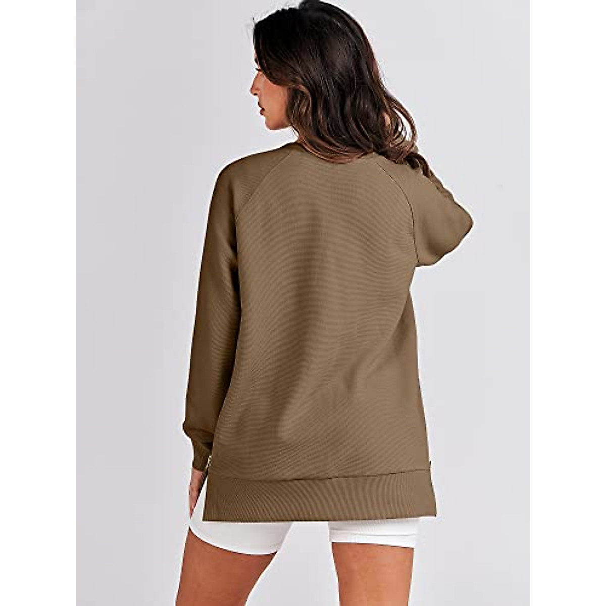 ANRABESS Women's Fall Casual Soft Long Sleeves Sweatshirts Pullover Tunic Tops Split Blouse with Side Zipper Teen Girls Trendy 2023 A1073-kaqi-L Khaki