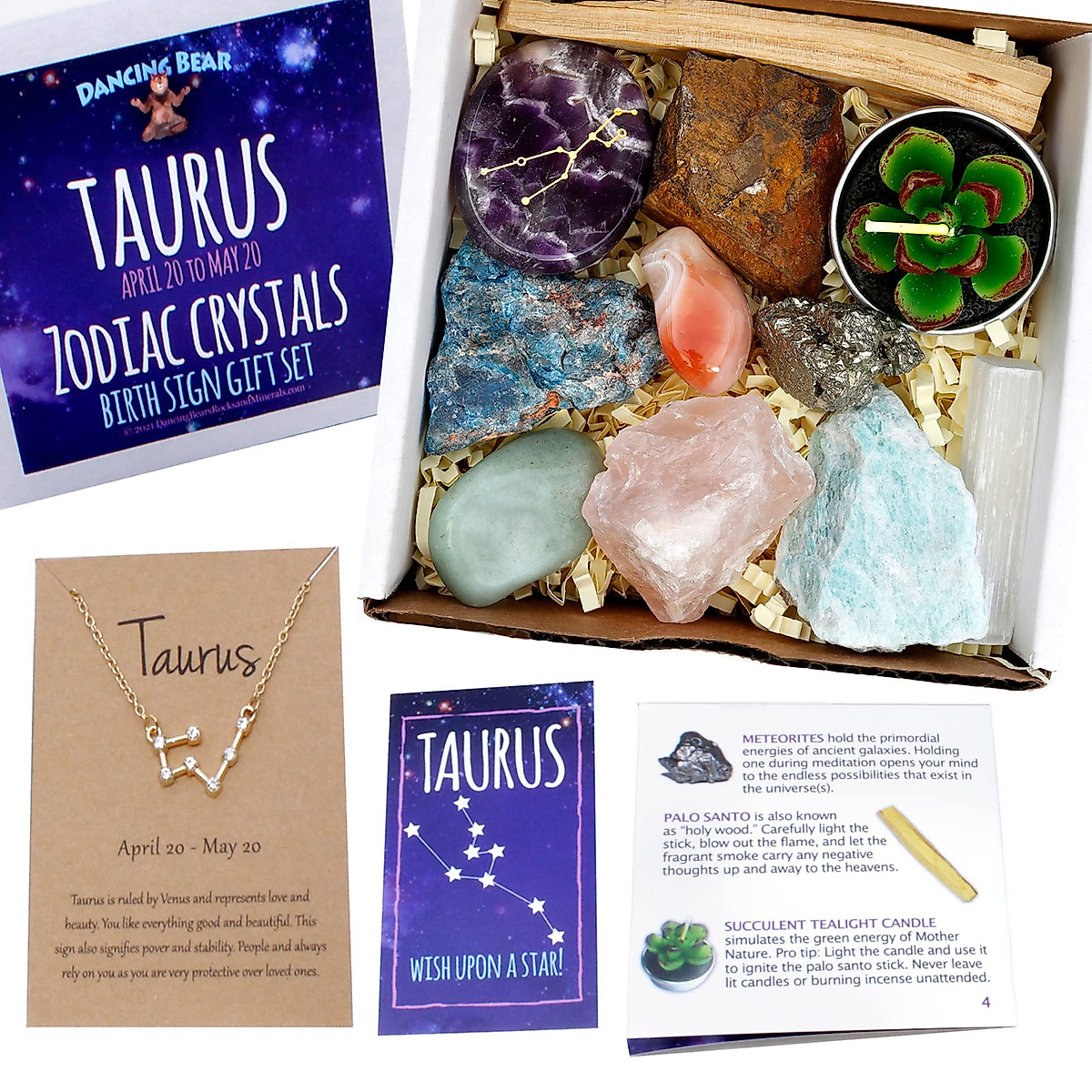 DANCING BEAR Taurus Zodiac Healing Crystals Gift Set (14 Pc): 9 Stones, 18K Gold-Plated Constellation Necklace, Meteorite, Succulent Candle, Palo Santo Smudge Stick & Info Guide, Made in The USA