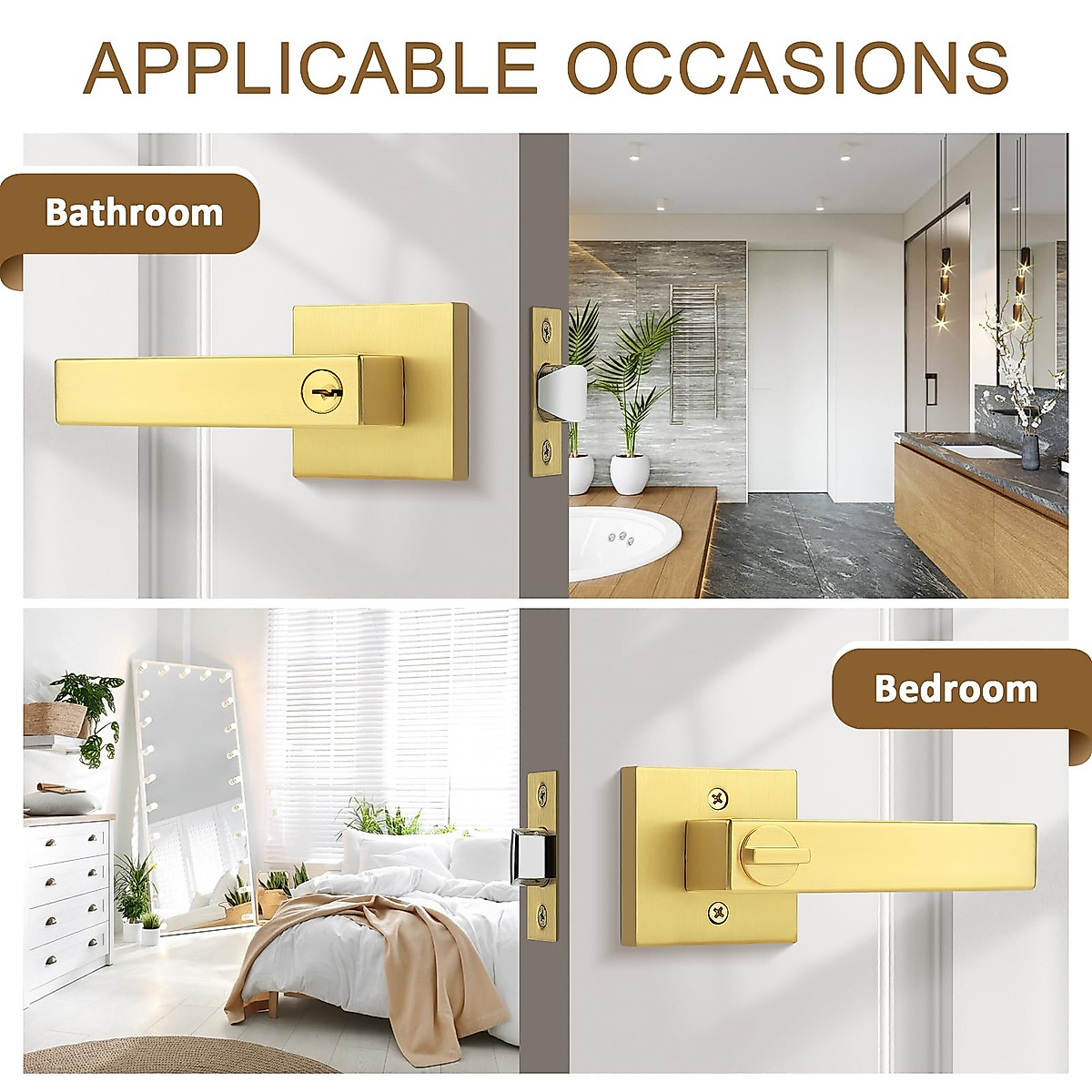 Probrico 2 Pack Gold Entry Door Lever Lock,Antique Brass Heavy Duty Interior Front Door Handles with Key, Entrance Exterior Lockset Each with 3 Different Keys