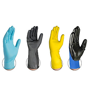 AMMEX Variety Pack Gloves - 5 Pairs Blue Nitrile Disposable gloves, 1 Pair Heavy Duty Black Latex Flock Lined Gloves, 1 Pair Yellow Latex Flock Lined Gloves, 1 Pair Nitrile Coated Polyester Gloves, Small/Medium, Pack of 8 Pairs