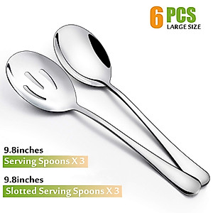 HaWare Serving Spoons X 3, Slotted Serving Spoons X 3, 9.8 inches Large Size Stainless Steel Serving Spoon, Elegant Design for Kitchen/Buffet/Party, Mirror Polished and Dishwasher Safe(6 Pack)